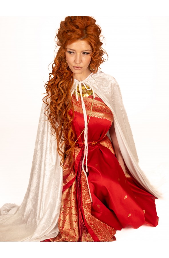 Red Roman Asymmetrical Dress with Golden Embroidery and Matching Cape ...