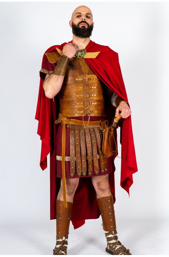Roman red cloak with golden eagle clasp and leather or Roman paenula