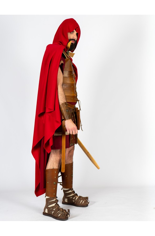 Roman red cloak with golden eagle clasp and leather or Roman paenula